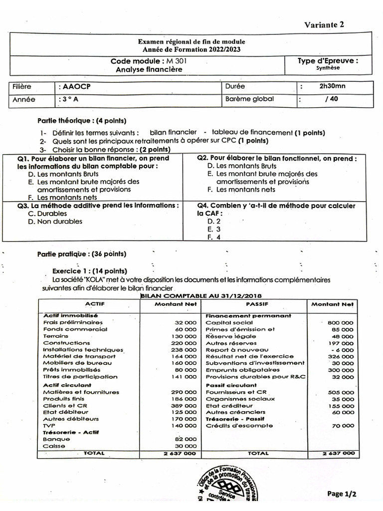 Examen Régional AAOCP ZAIO Analyse Financier 2023 | PDF
