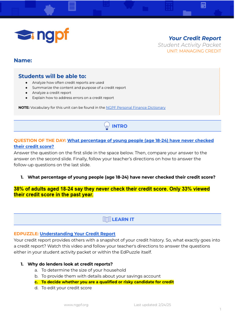 Your Credit Report Student Activity Packet | PDF | Credit History | Credit