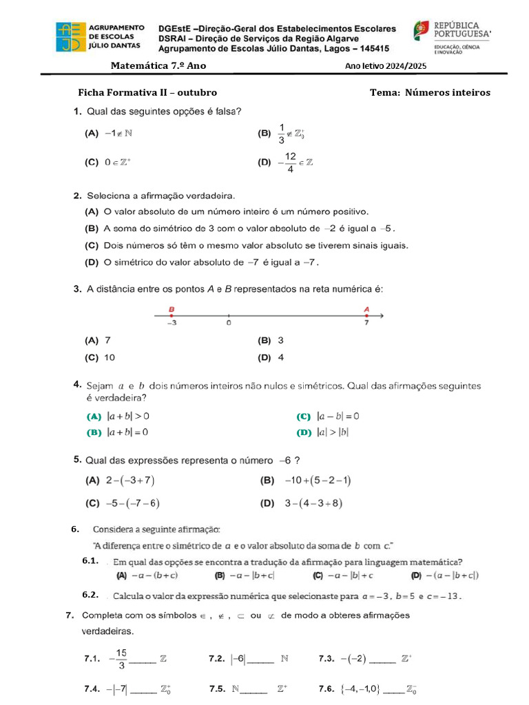 Números Inteiros: Ficha Formativa II | PDF