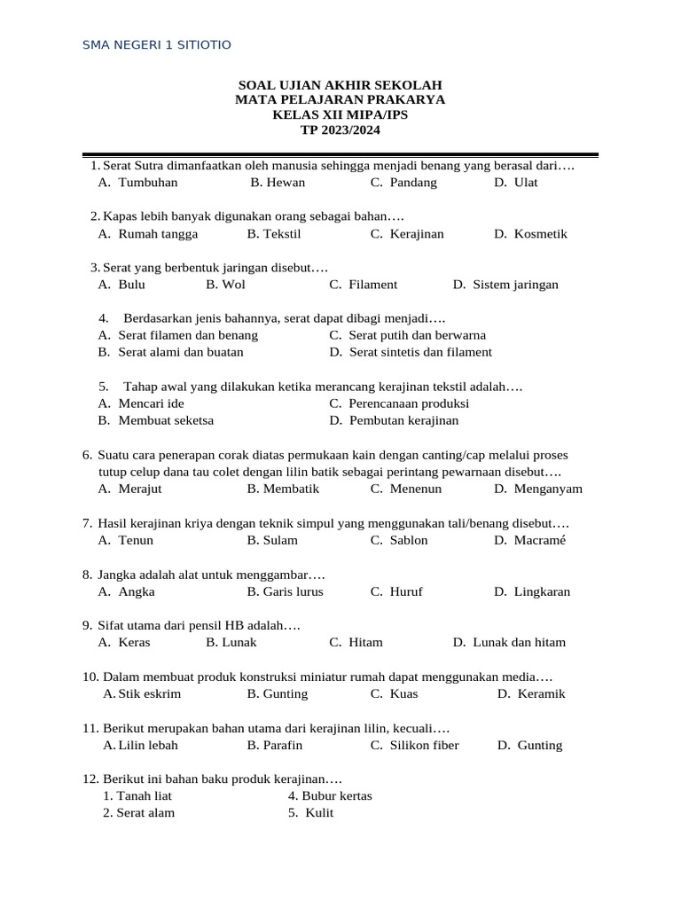 SOAL UJIAN AKHIR SEKOLAH PRAKARYA 2024 | PDF