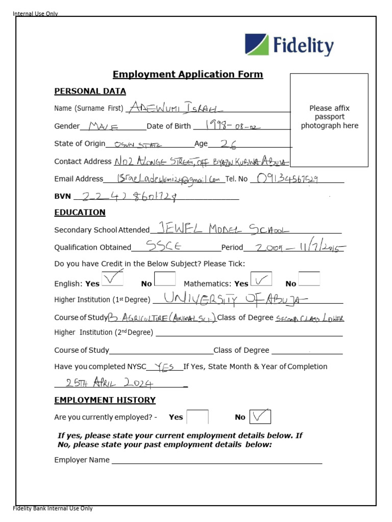 Fidelity Bank Employment Application Form | PDF