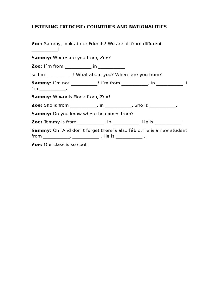 Countries and Nationalities Listening Exercise | PDF
