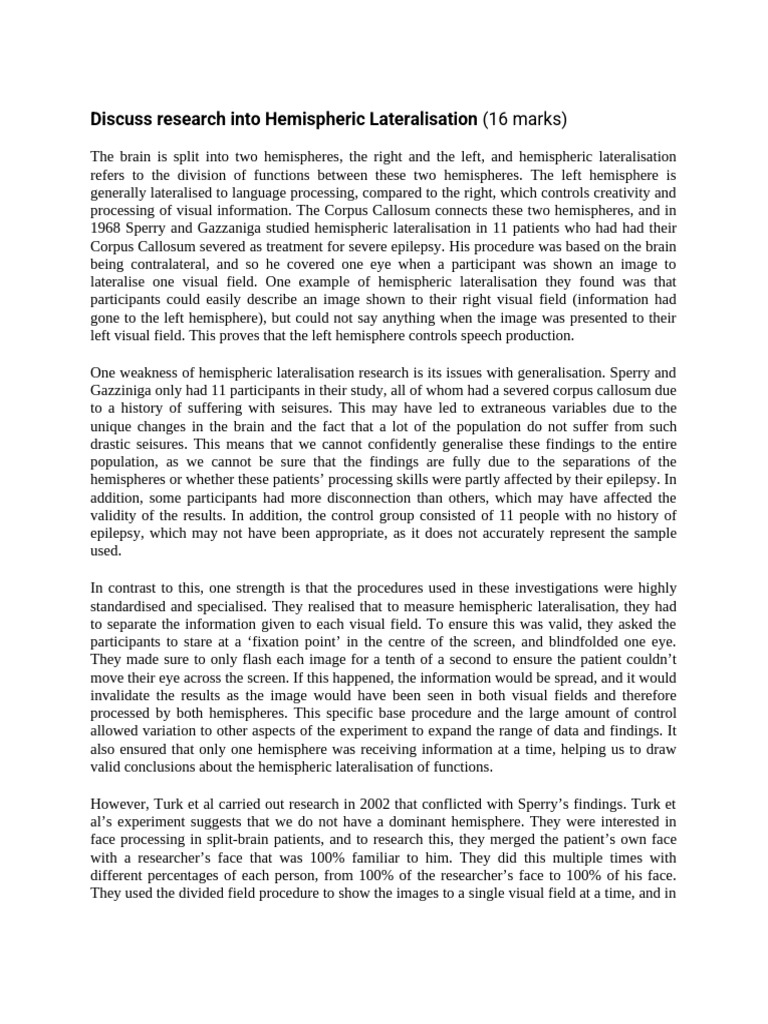 Discuss Research Into Hemispheric Lateralisation (16 Marks) | PDF ...