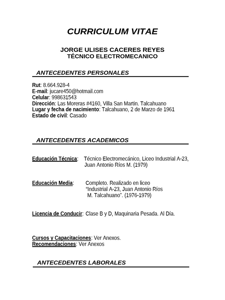 Curriculum Vitae Ulises Cáceres Reyes | PDF