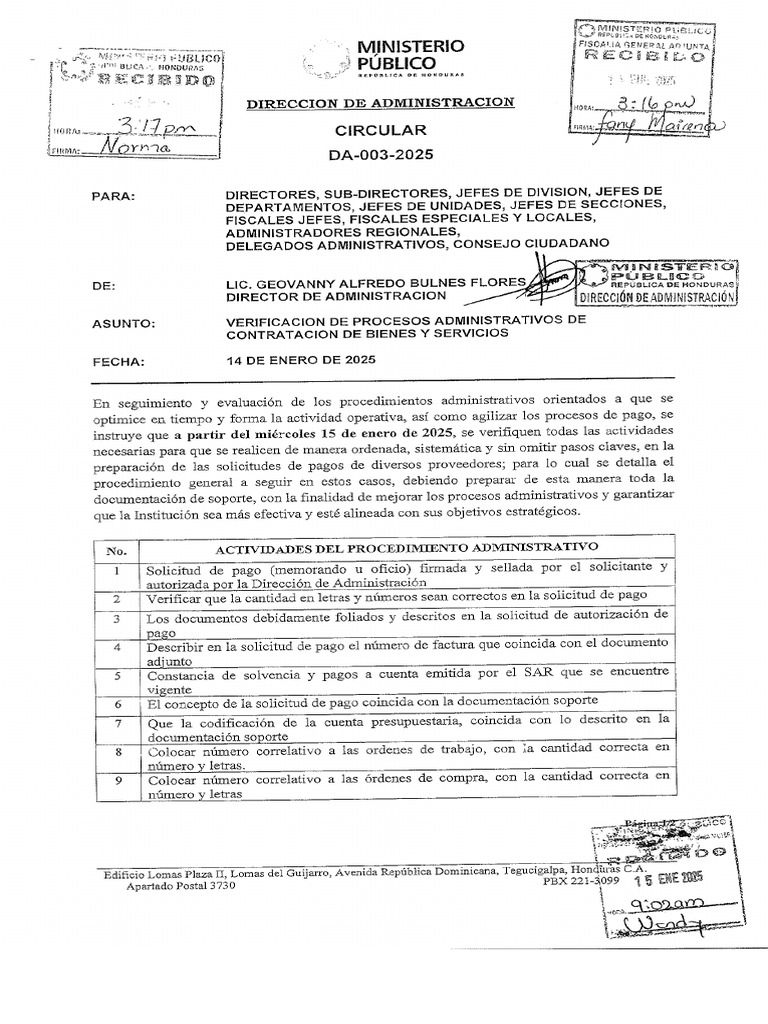 Circular D.A. - 003-2025 Verificacion de Procesos Administrativos de Contratacion de Bienes y ...