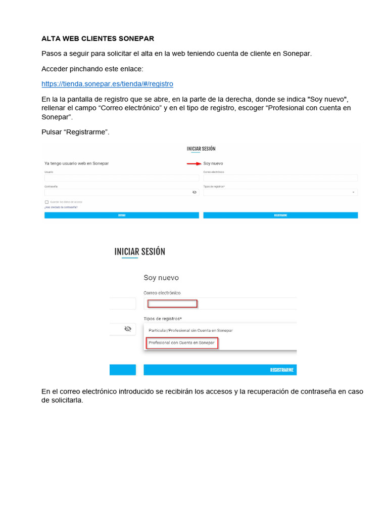 Instrucciones Alta Web Sonepar | PDF