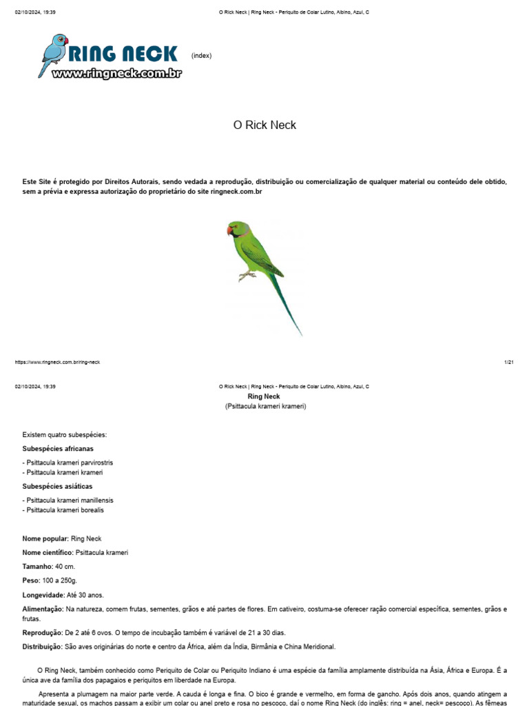 Ring Neck: Guia Completo de Criação | PDF | Aves
