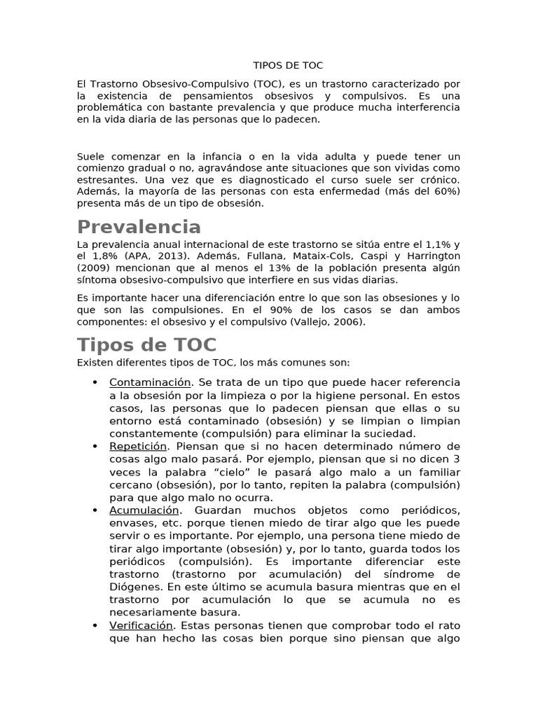 El Trastorno Obsesivo-Compulsivo (TOC) | PDF | Desorden obsesivo ...