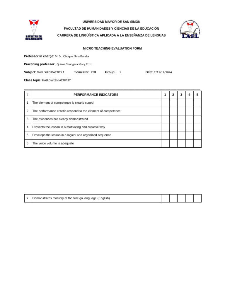 Micro Teaching Evaluation Form (Halloween Activity) | PDF | Cognitive ...