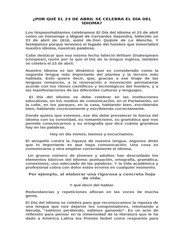 Celebración del Día del Idioma Español | PDF