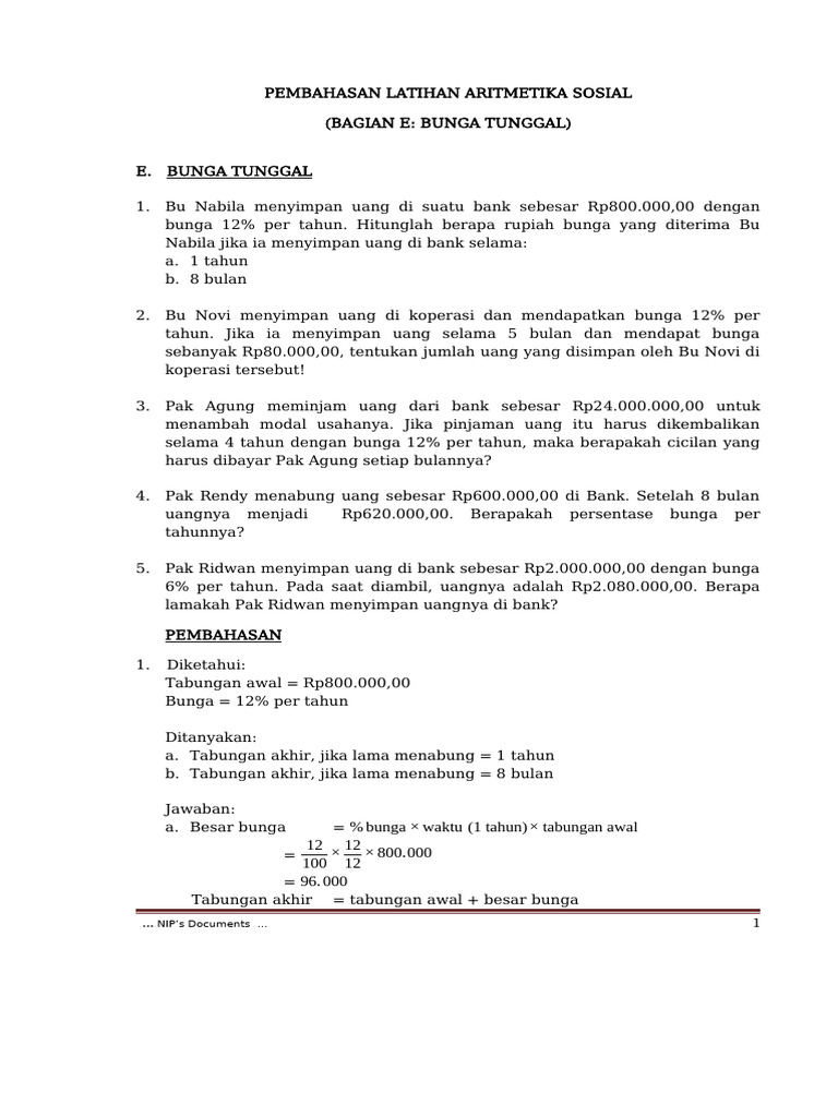 3 Pembahasan Latihan Aritmetika Sosial dan Perbandingan (Bagian E) | PDF