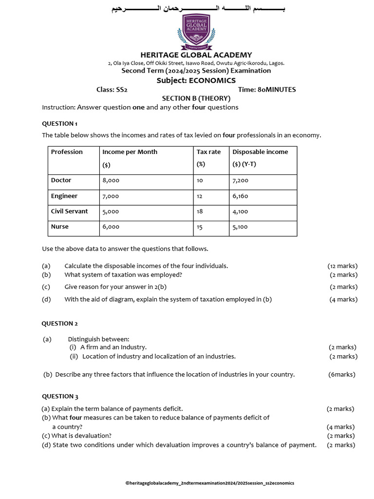 SS2 ECONOMICS 2ND TERM EXAM (PART B) 2024 -2025 | PDF | Cost Of Living | Taxes