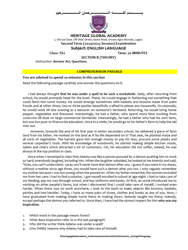SS2 English Language Exam 2024/2025 | PDF | Soil | Forests