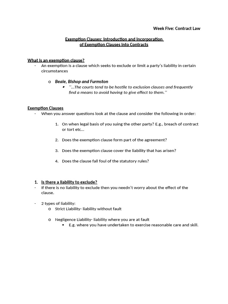 Intro to exemption Clauses | PDF | Legal Liability | Contractual Term