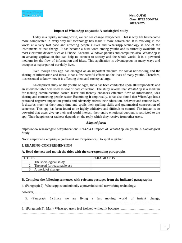 Impact of WhatsApp On Youth BTS | PDF | Mobile App | Human Communication