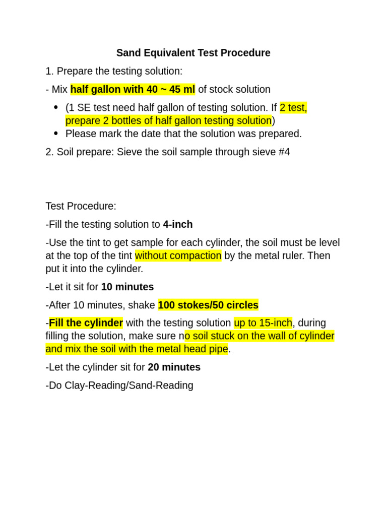 Sand Equivalent Test Procedure | PDF