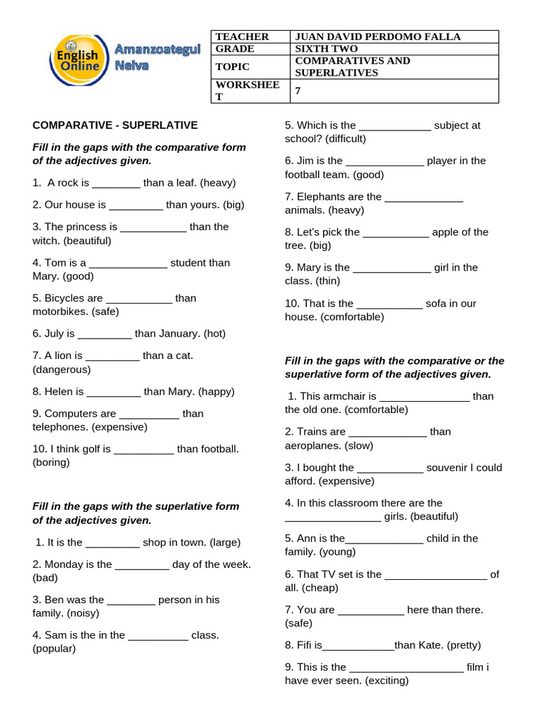 Comparatives and Superlatives Worksheet | PDF