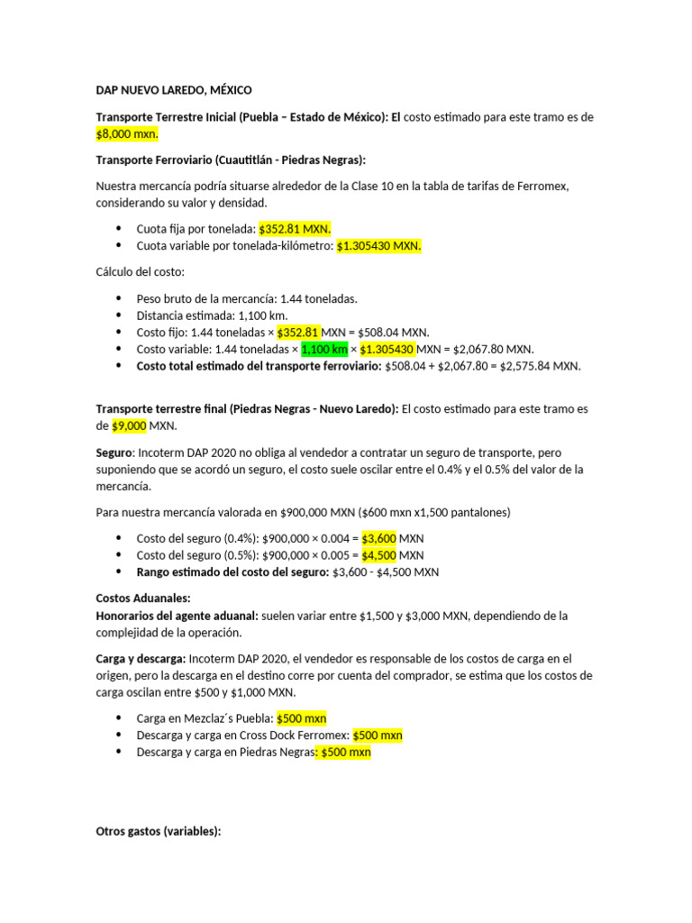Costos DAP Nuevo Laredo | PDF | Business | Transporte de tierra