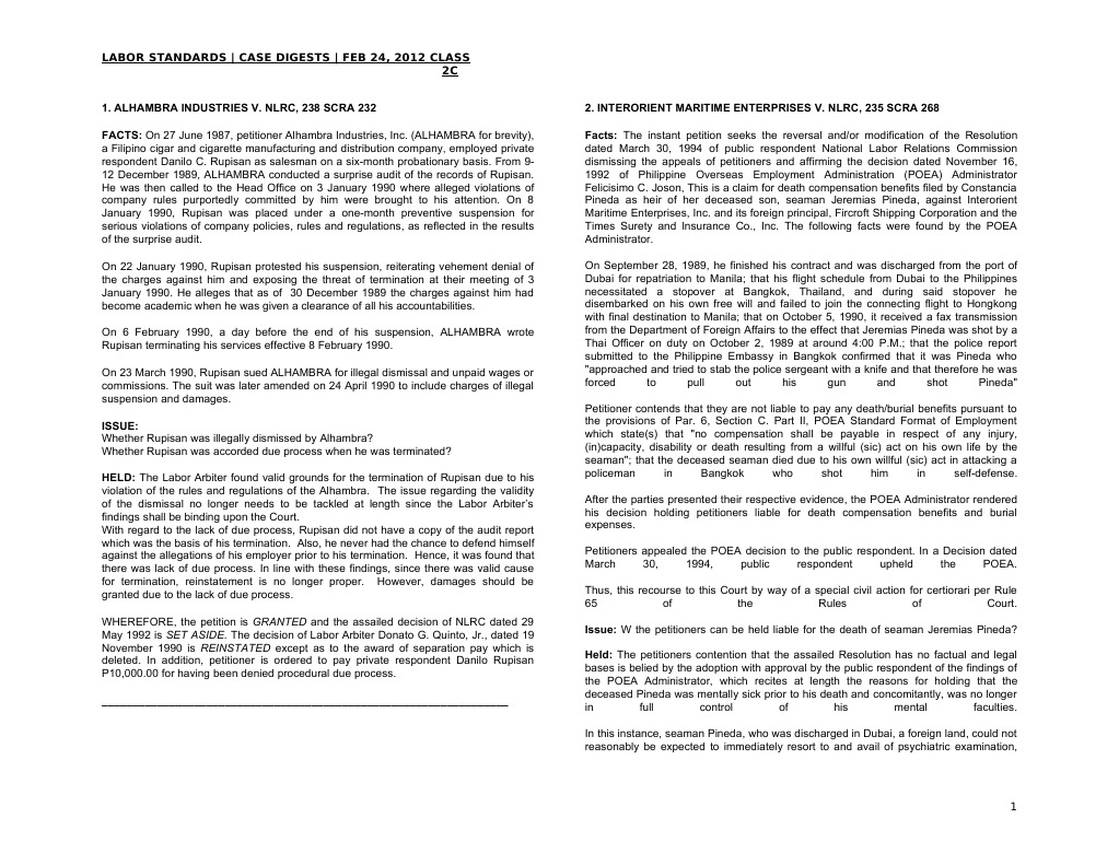 2C Labor Standard Digest Cases | PDF | Burden Of Proof (Law) | Employment