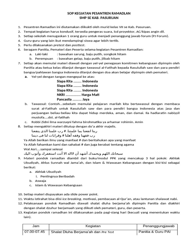 Sop Kegiatan Pesantren Ramadhan SMP 2024 | PDF