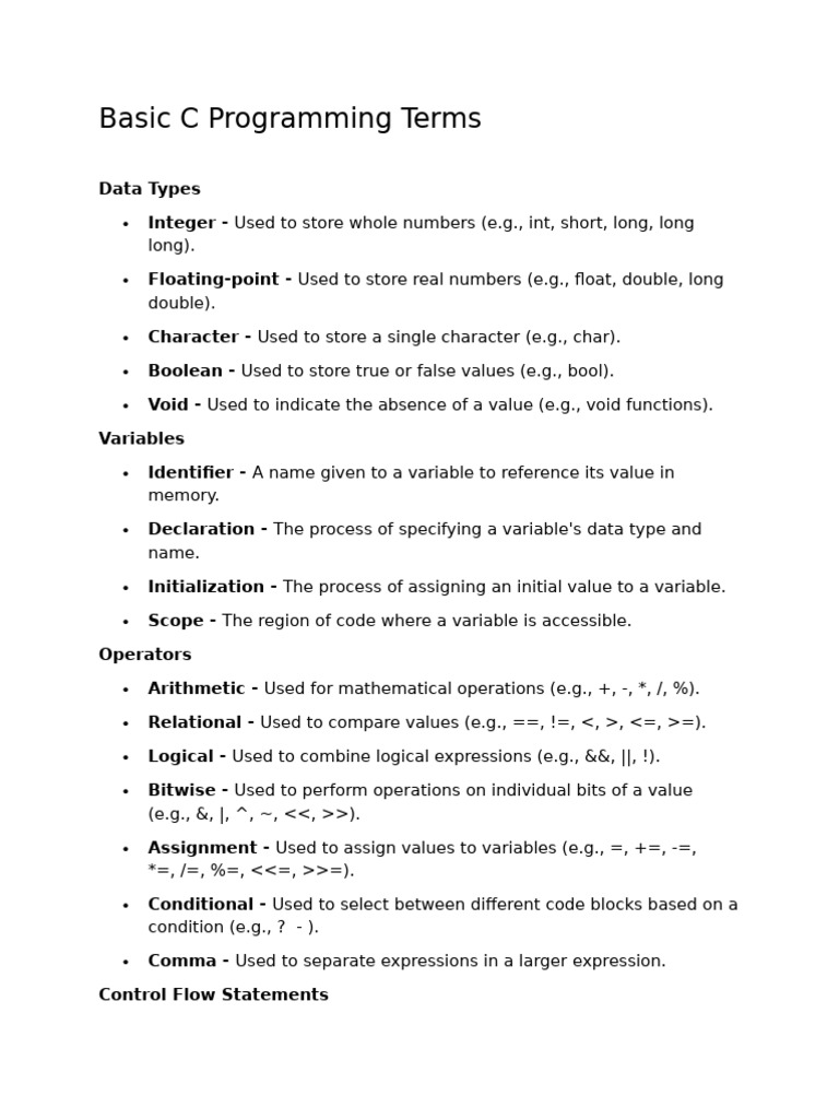 Basic C Programming Terms | PDF | Pointer (Computer Programming) | Boolean Data Type
