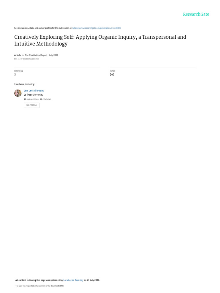 Creatively Exploring Self: Applying Organic Inquiry, A Transpersonal and Intuitive Methodology ...