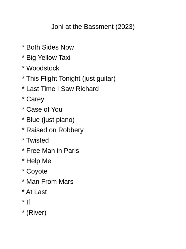 Joni Mitchell Set List 2023 | PDF