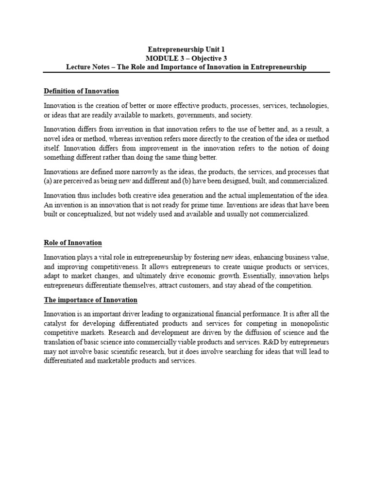 Module 3 Objective 3 Lecture Notes Role And Importance Of Innovation