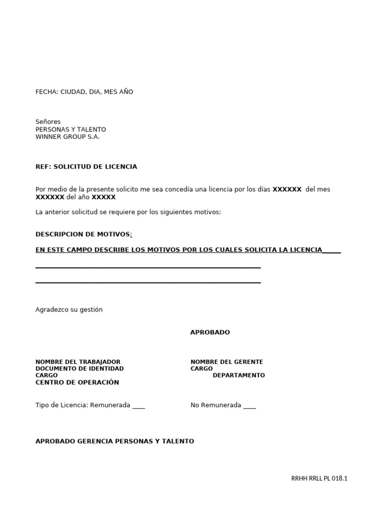 RRHH RRLL PL 018.1 Cartadesolicituddelicencia | PDF