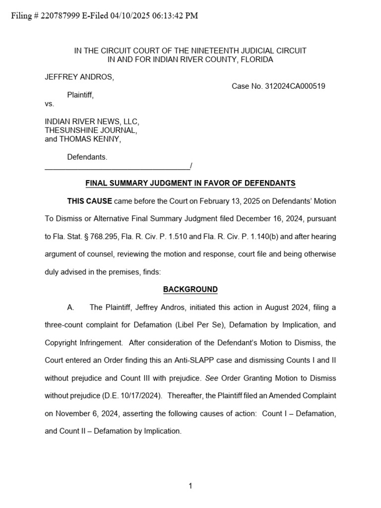 Florida Defamation Case Summary Judgment | PDF | Defamation | Summary ...