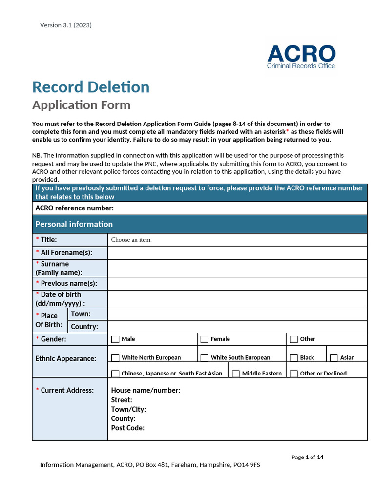 Record Deletion Application Form v3.11 (Website Version) | PDF | Arrest ...