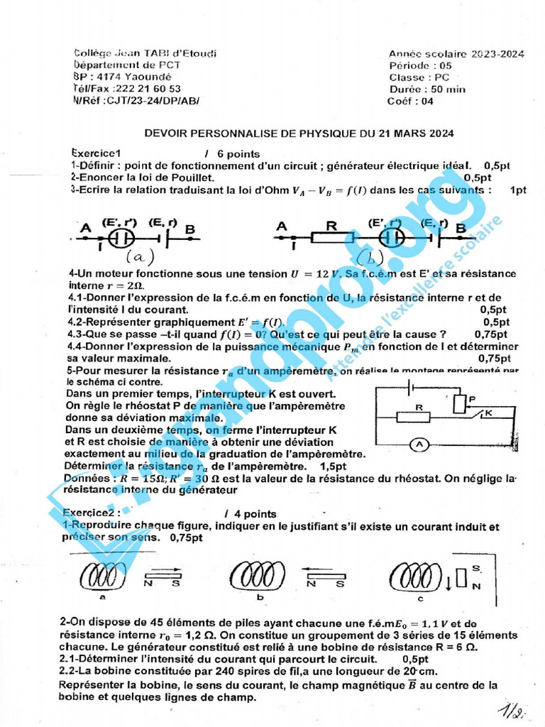 Physique 1erec Perso5 College Jean Tabi 2023 2024 | PDF