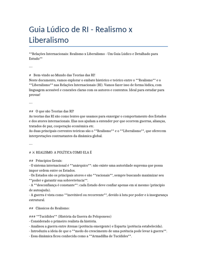 Guia Ludico RI Realismo X Liberalismo | PDF | Relações Internacionais ...