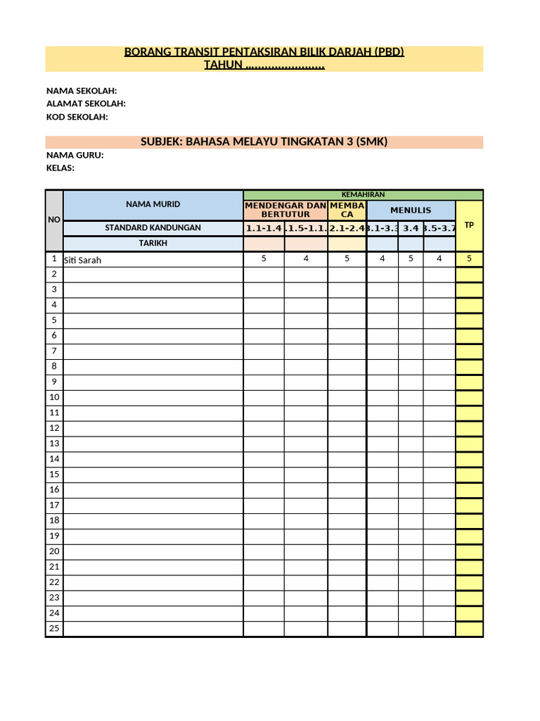 Borang Transit PBD BM Tingkatan 3 (Version 2) | PDF