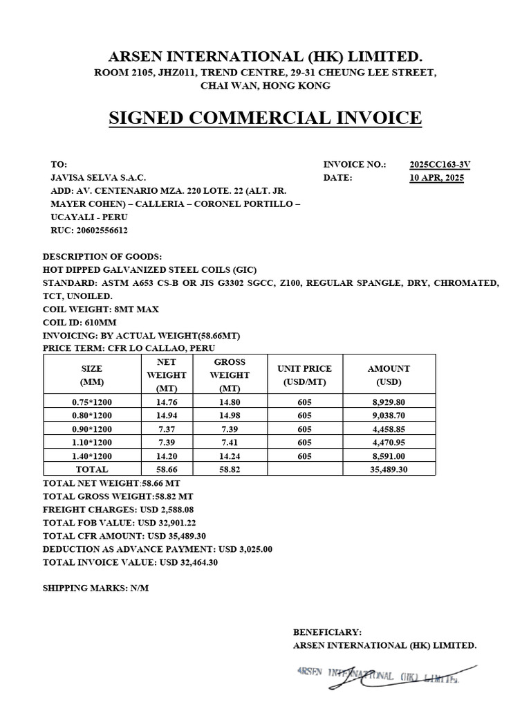 Invoice for Steel Coils to Javisa Selva | PDF