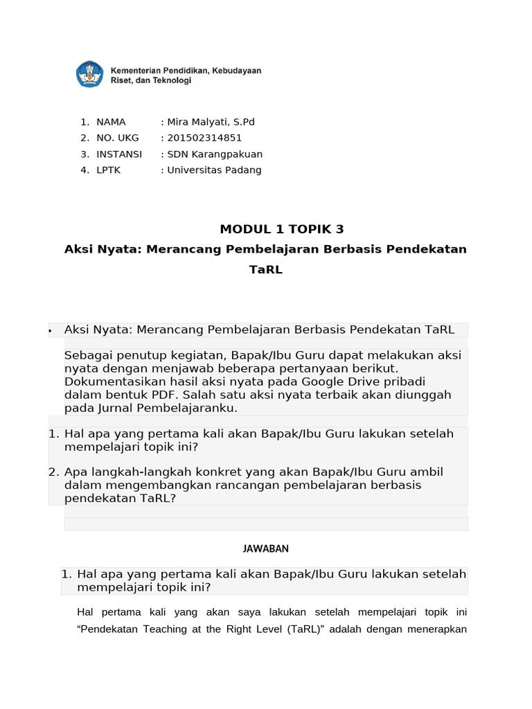 MODUL 1 TOPIK 3 Aksi Nyata Merancang Pembelajaran Berbasis Pendekatan TaRL | PDF