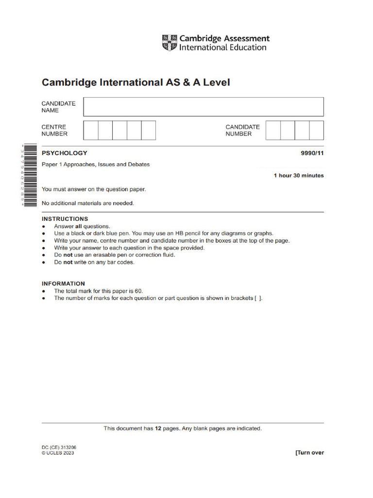Psychology AS Paper 1 - Cambridge 2024 Mocks | PDF