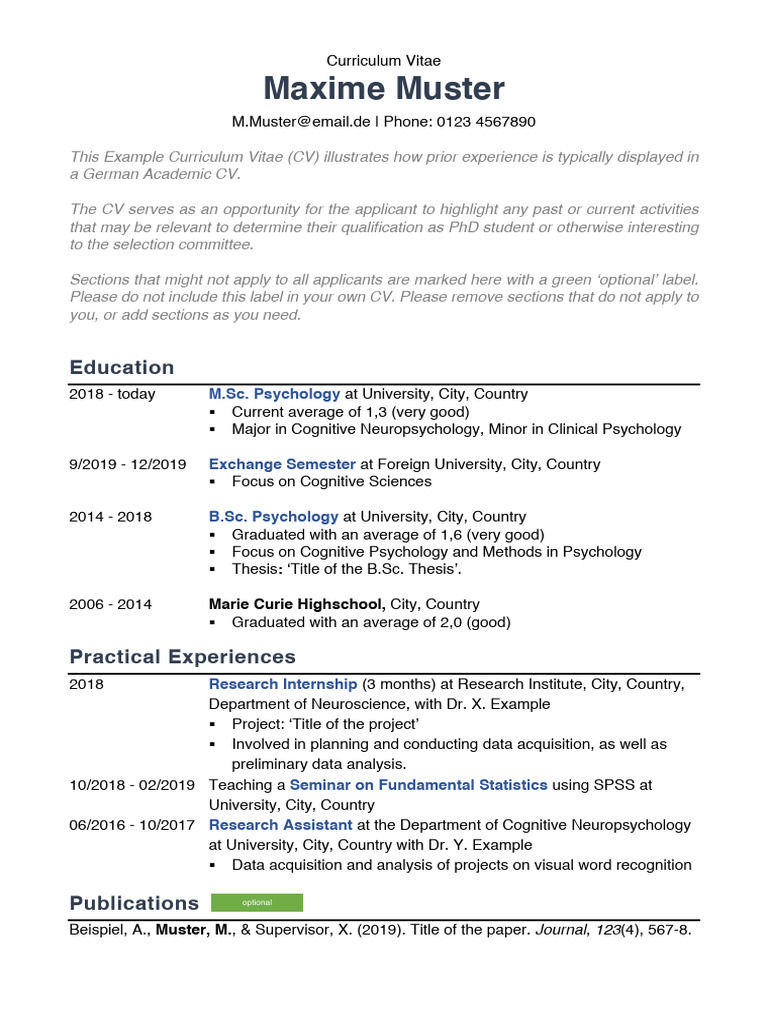 German Academic CV Example for PhD | PDF | Psychology | Neuroscience