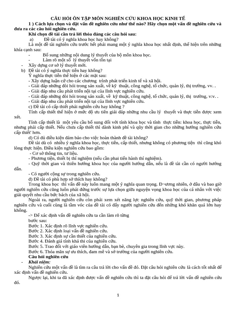 Câu hỏi ôn tập môn NCKH Kinh tế - Final | PDF