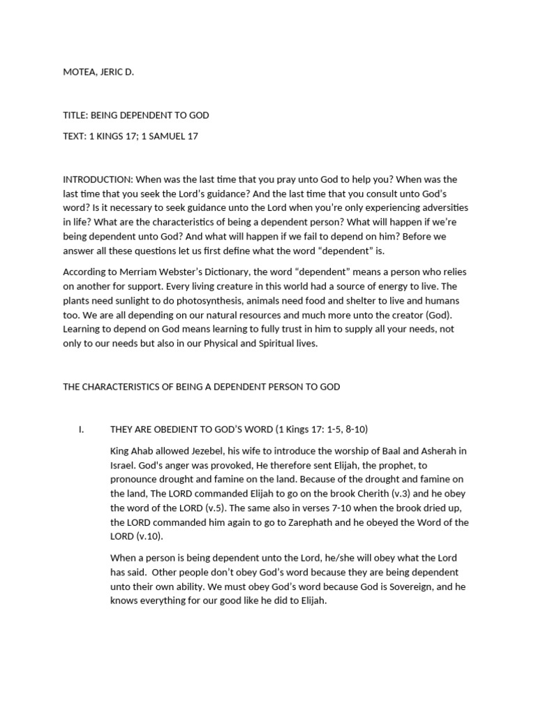 Jeric - Outline On Being Dependent To God 2222 | PDF | Elijah | Books Of Kings