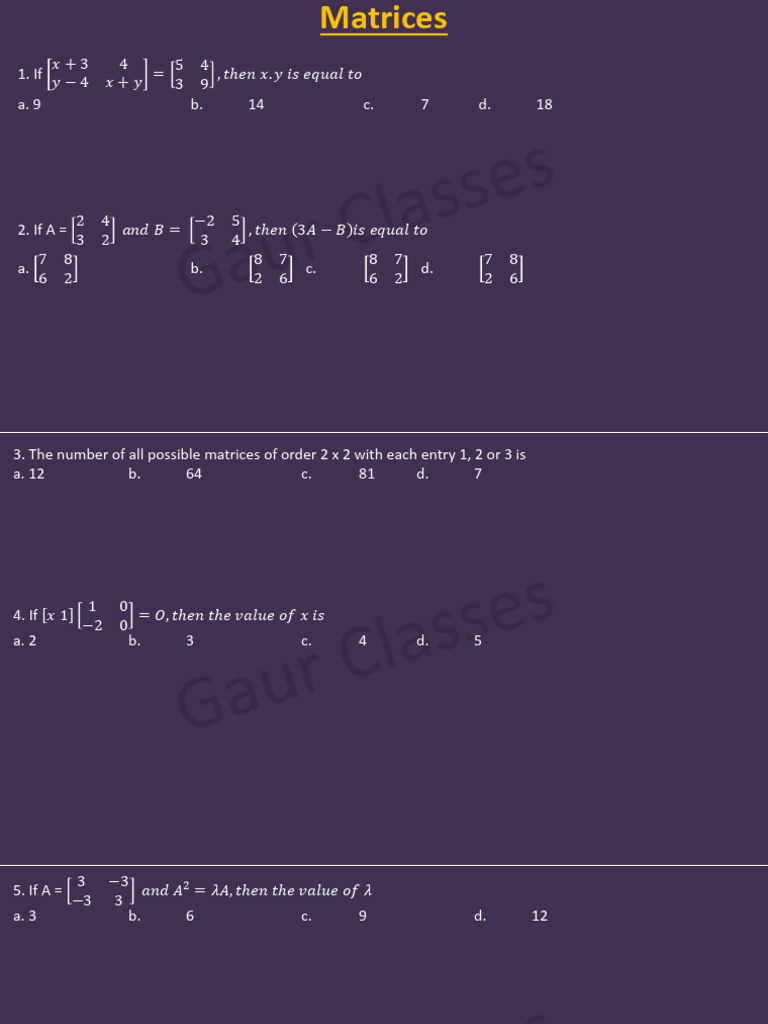 Class 12 Maths MCQ: Matrices Answers | PDF | Matrix (Mathematics) | Algebra