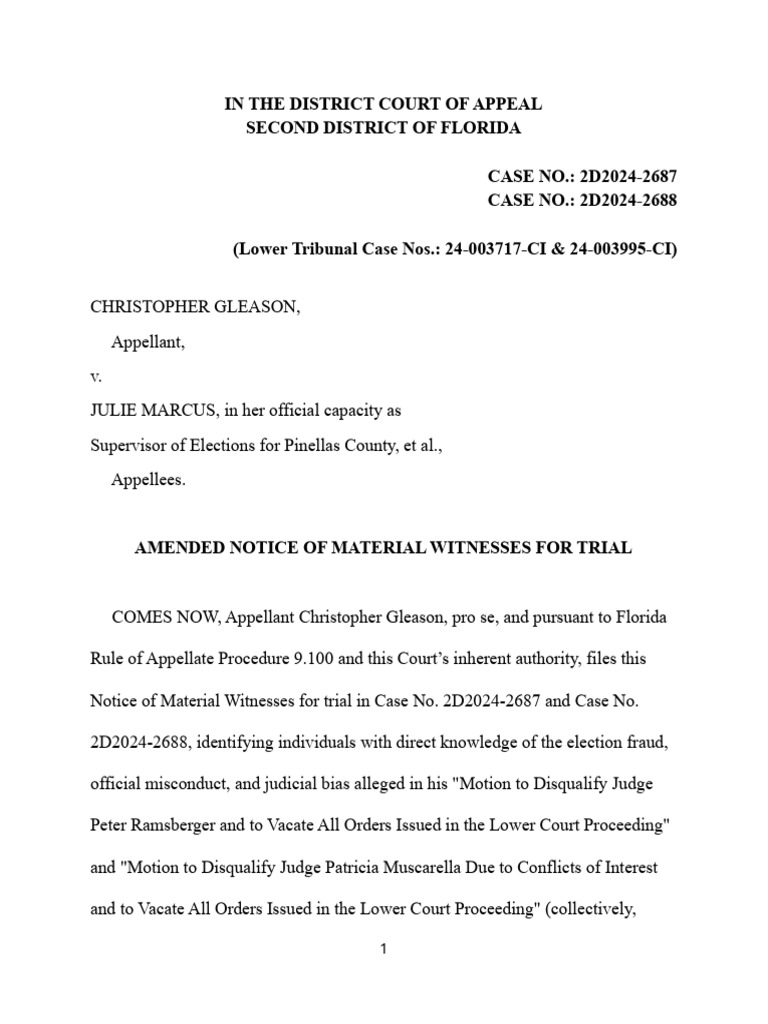 Miscellaneous Motion - Amended Notice of Material Witnesses For Trial | PDF | Trials | Appeal