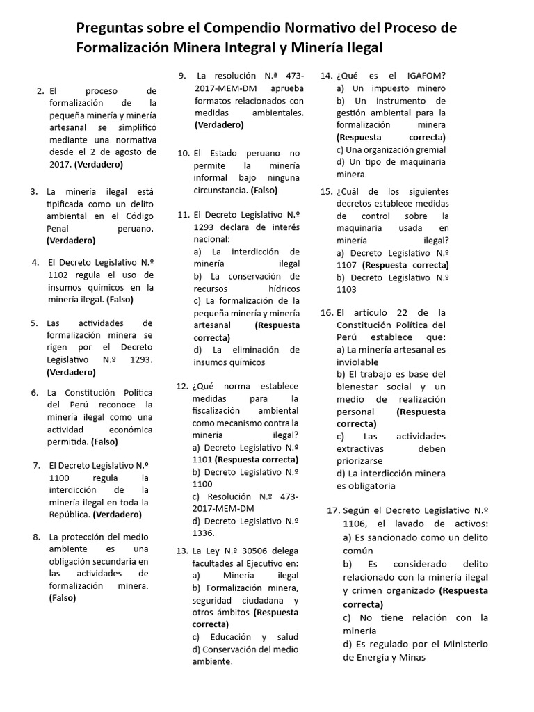 Preguntas Sobre El Compendio Normativo Del Proceso de Formalización Minera Integral y Minería ...
