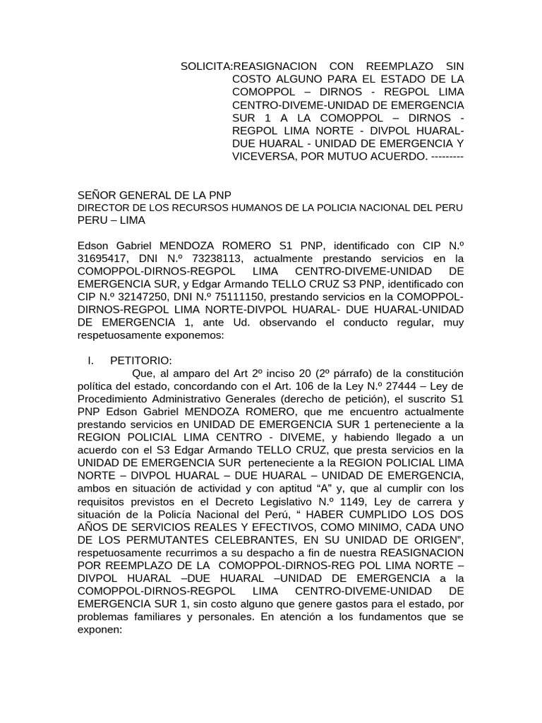 Solicitud de Reasignación Policial Sin Costo | PDF | Policía | Ciencias ...