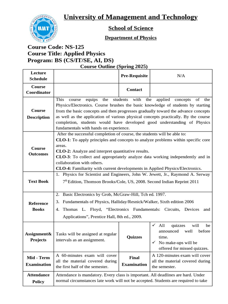 Applied Physics Course Outline Spring 2025 NS-125 | PDF | Capacitor ...