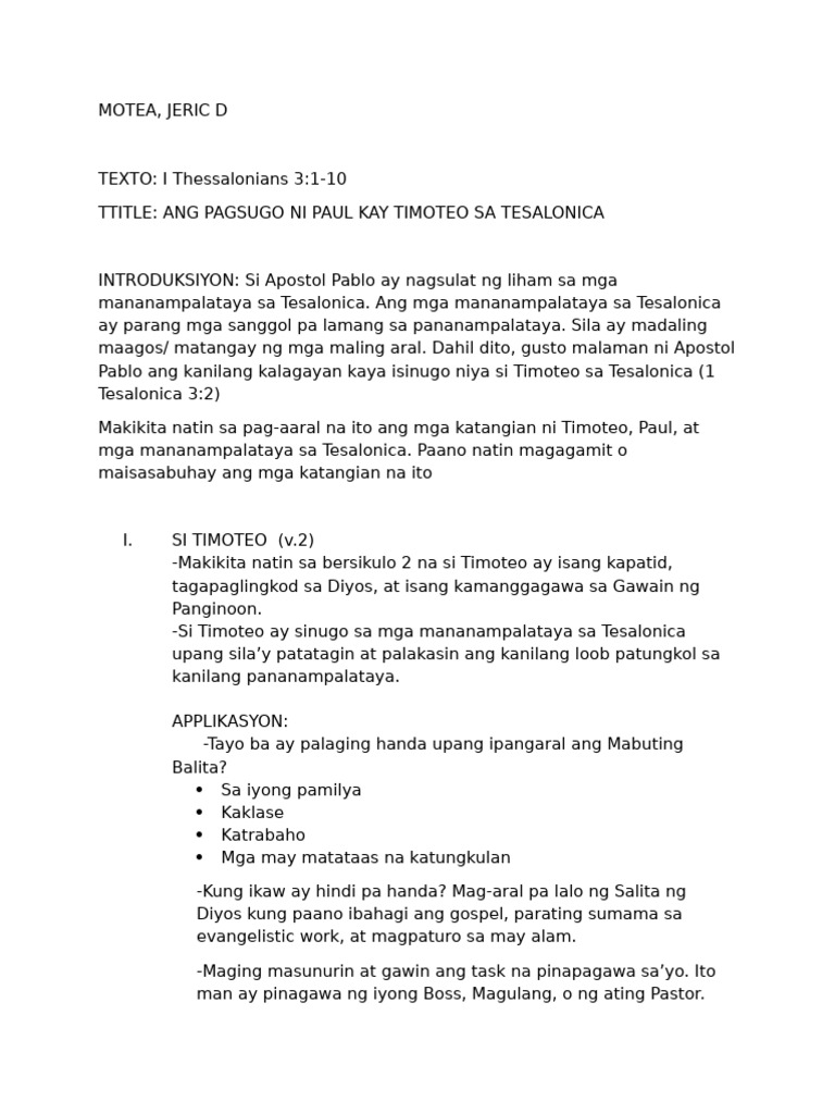 Revised Outline - Ang Pagsugo Ni Paul Kay Timoteo | PDF