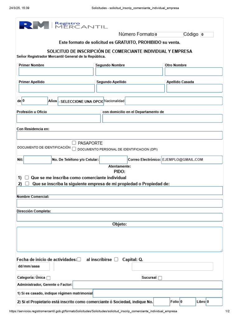 Solicitudes - Solicitud - Inscrip - Comerciante - Individual - Empresa | PDF