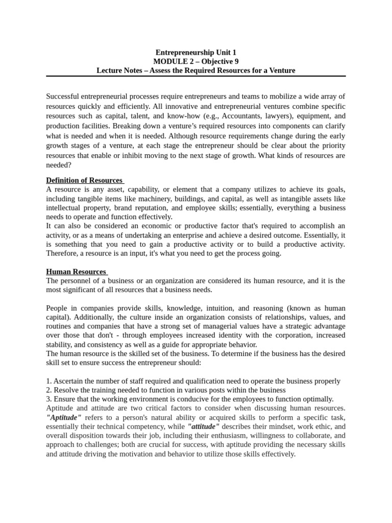 Module 2 - Objective 9 - Assess The Required Resources For A Venture ...