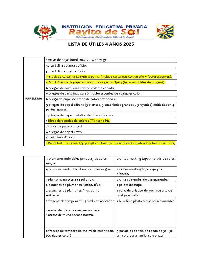 Lista de Útiles Inicial 4 Años-2025 Rayito | PDF