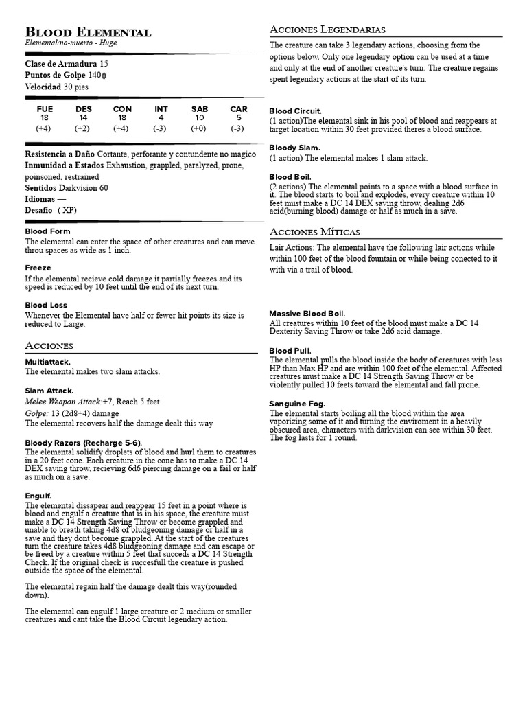 Blood Elemental: Abilities & Actions Guide | PDF